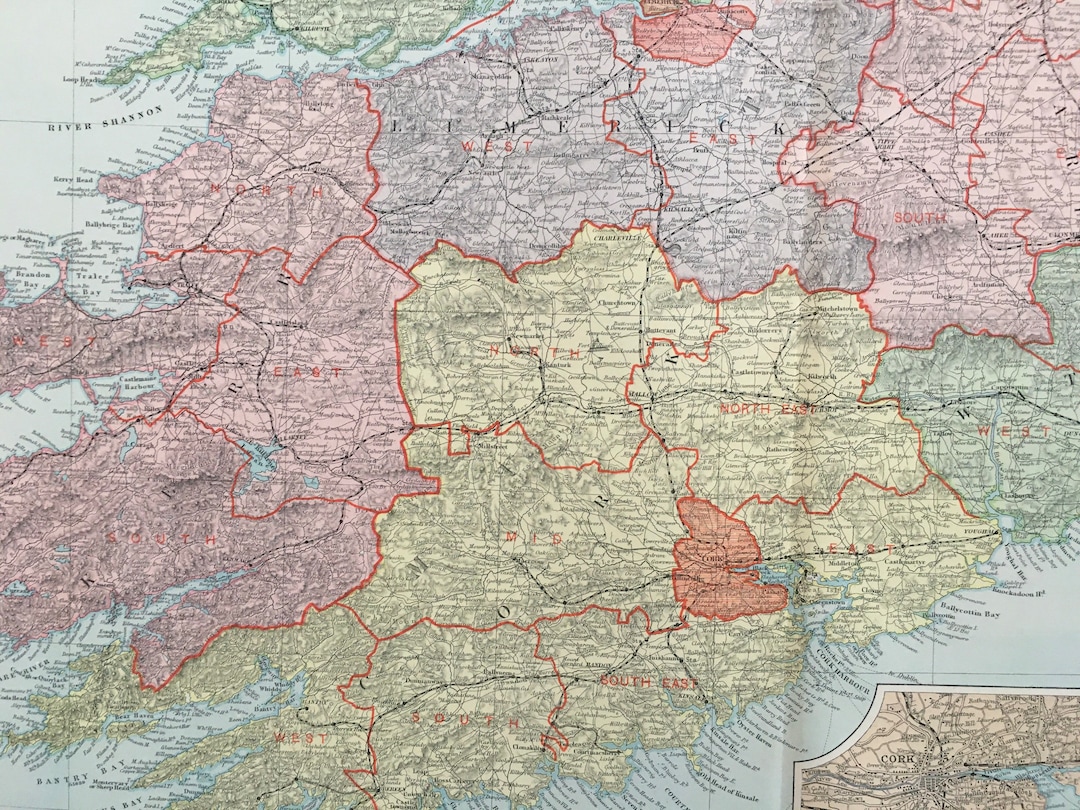 1895 Large SOUTH IRELAND MAP - Original Antique Map - Bacon Map - Large ...