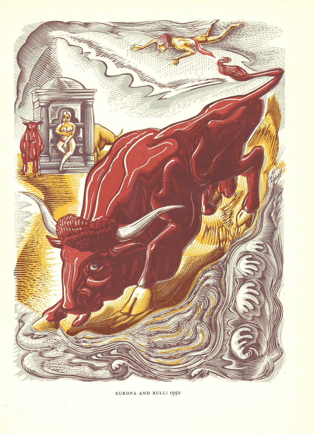 1951 BLAIR HUGHES-STANTON Wood Engraving Print - 'europa and the Bull ...