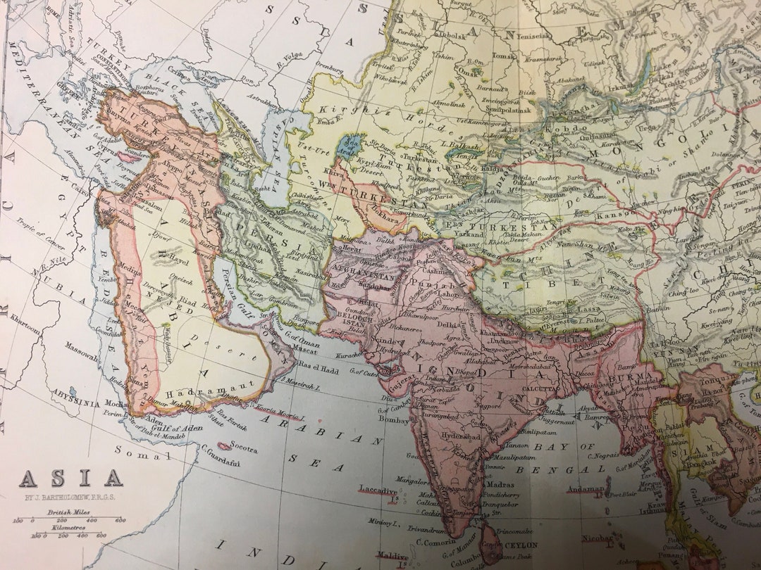 1890 ASIA MAP - Bartholomew Map - Antique Map of Asia - Cartography History - Original Antique ...