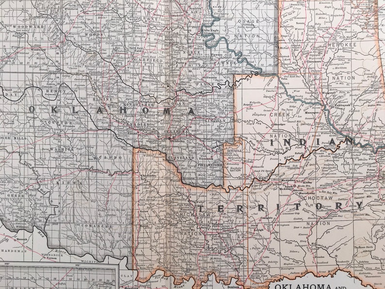 1903 Large OKLAHOMA & INDIAN TERRITORY Map U.S. States Map - Etsy