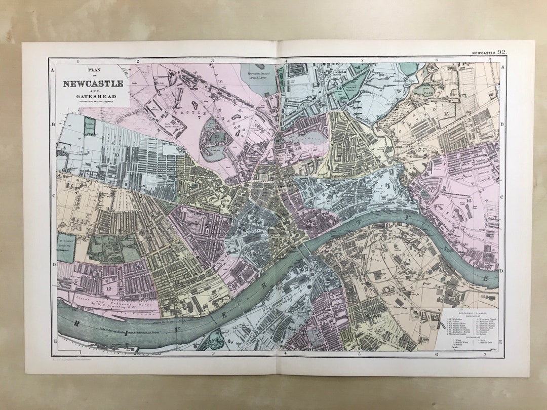 1895 Large NEWCASTLE CITY PLAN Original Antique Map Bacon Map Large ...
