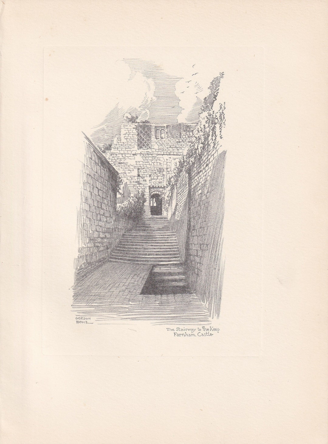 1929 FARNHAM CASTLE STAIRWAY - Antique Surrey Print - Surrey Drawing ...