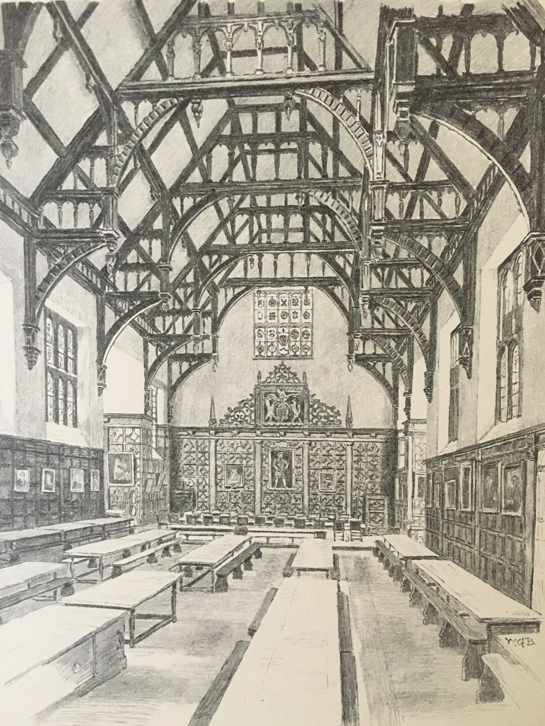 1927 CAMBRIDGE TRINITY COLLEGE Hall, by W.G. Blackall Original Print ...