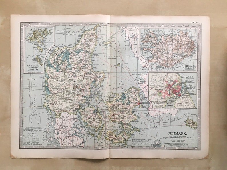1903 Large DENMARK MAP Inset Maps of Iceland & Copenhagen - Etsy