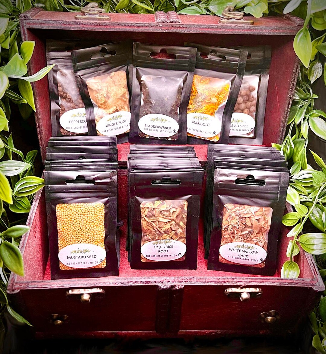 60 Ritual Herbs, Resins, Salts, Oils and Crystals Presented in a Wooden ...