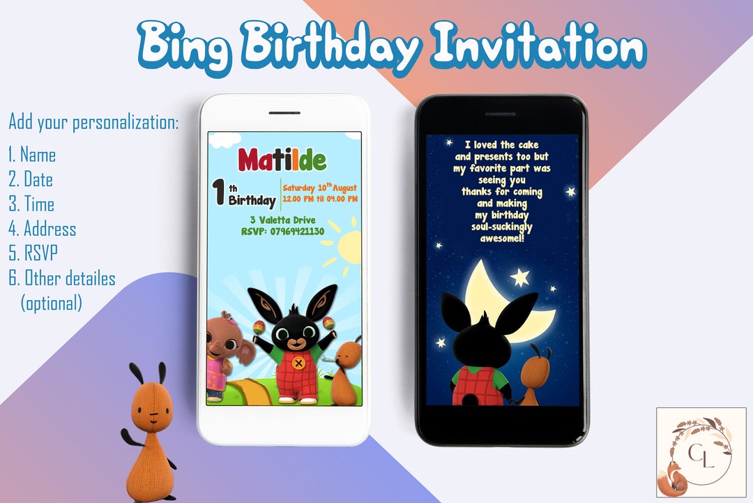 Bing Birthday Mobile Invitation Boy Birthday Kids Invite Sula Party ...