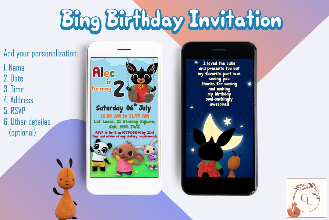 Bing Birthday Mobile Invitation Boy Birthday Kids Invite Sula Party ...