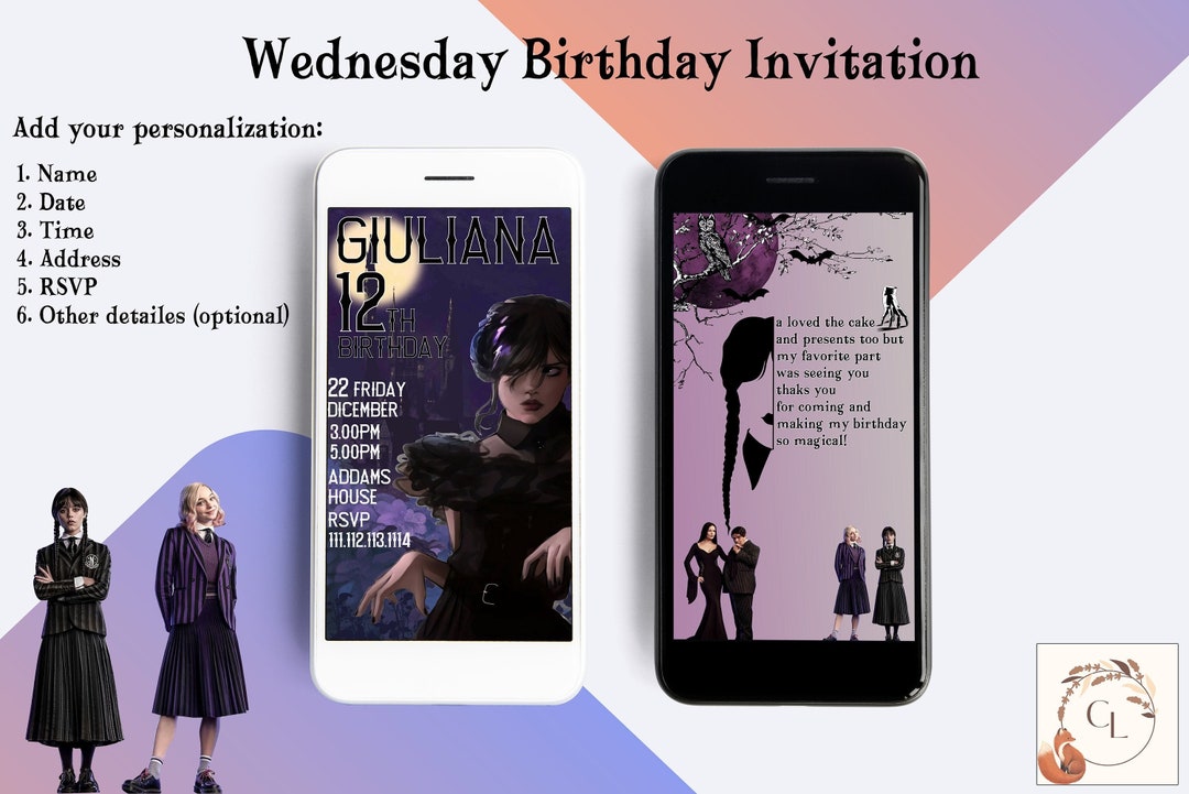 Wednesday Birthday Mobile Invitation Girls Birthday Kids Invite Addams ...