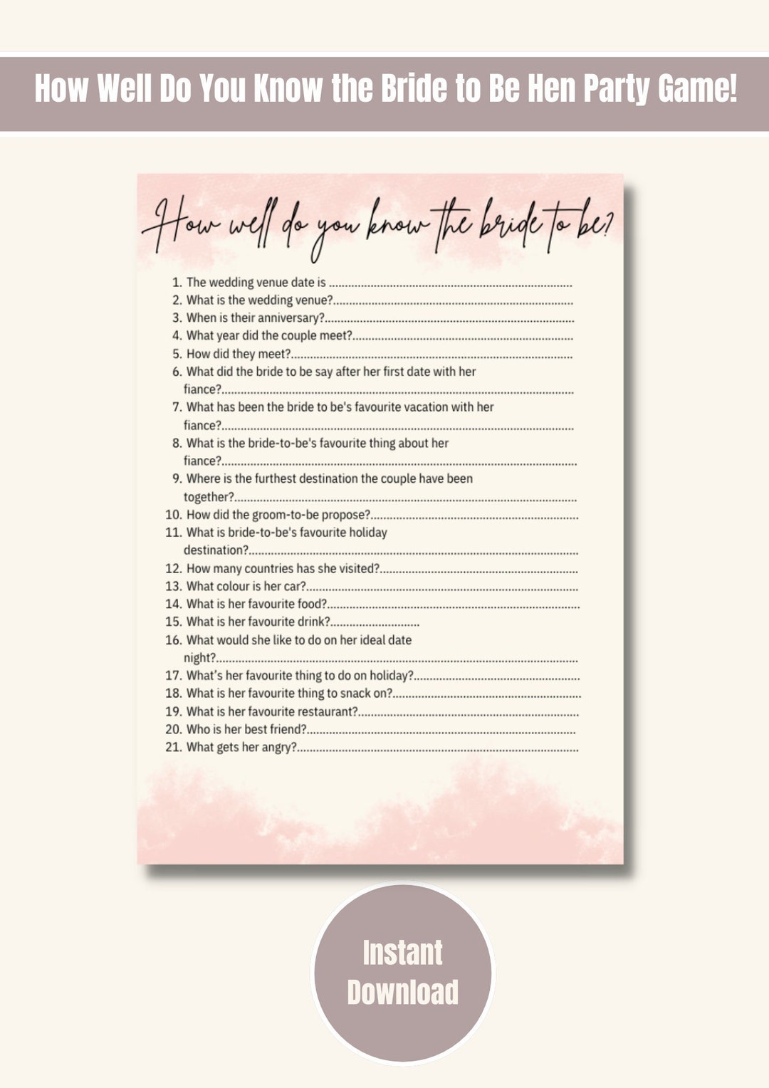 Bridal Shower Game | Printable Hen Party Game | How Well Do You Know ...