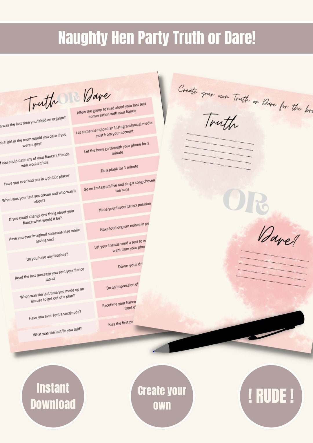 Bridal Shower Game | Printable Hen Party Game | Truth or Dare Game ...