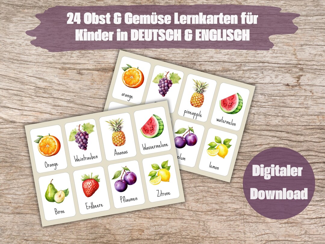Bilingual Flashcards for Children Fruits and Vegetables German and ...