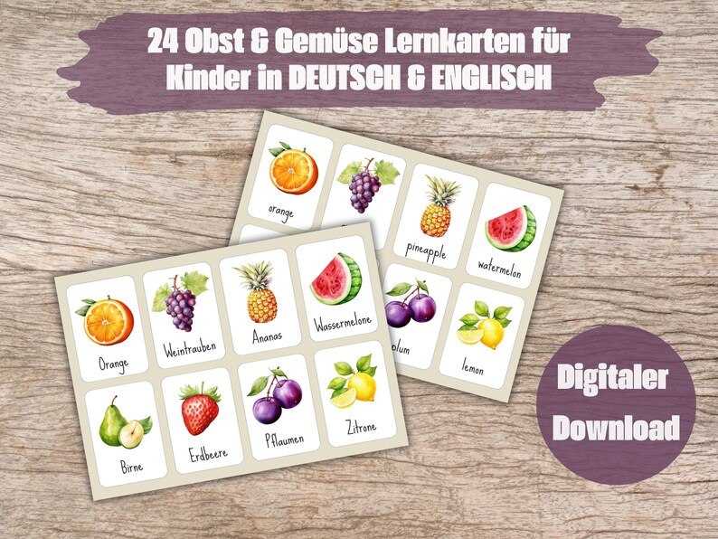 Bilingual Flashcards for Children Fruits and Vegetables | German and ...