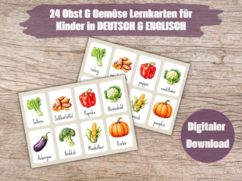 Bilingual Flashcards for Children Fruits and Vegetables | German and ...