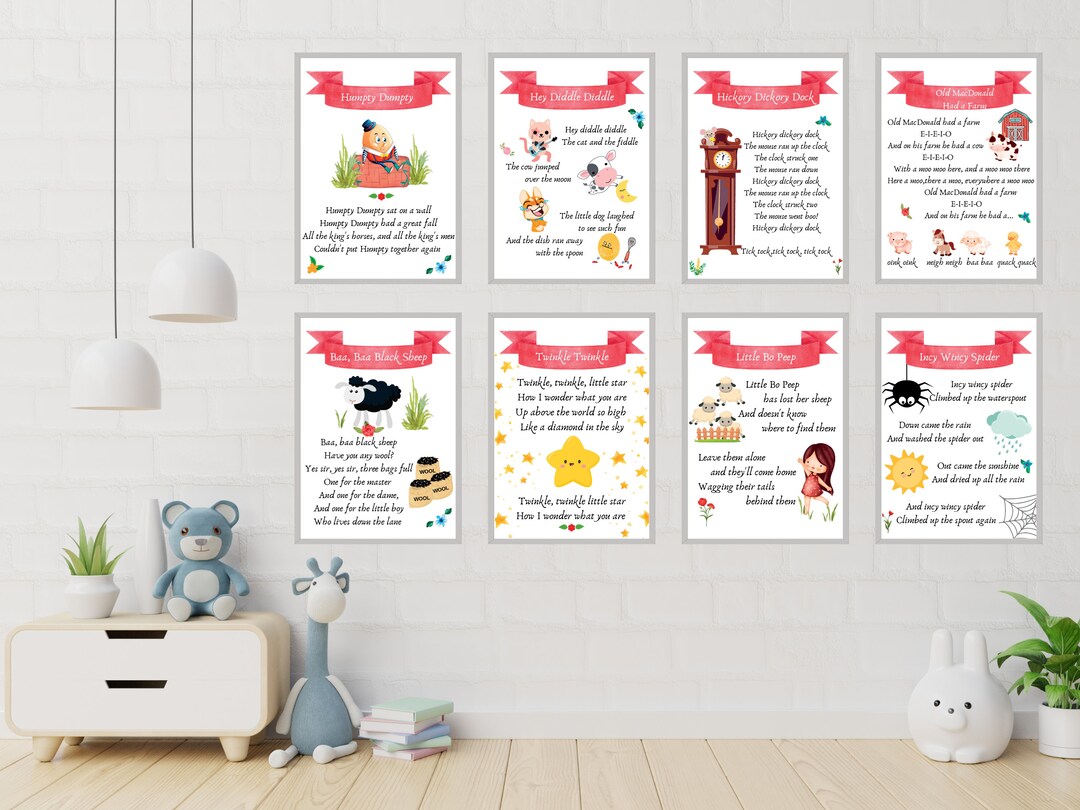 Nursery Rhyme Wall Art , Set of 8, Kids Room Wall Art, Baby Room Decor ...