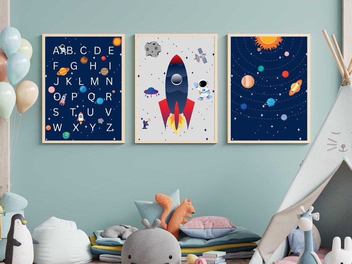 Tryptic Space Themed Boy Playroom Alphabet Posters, ABC Nursery ...