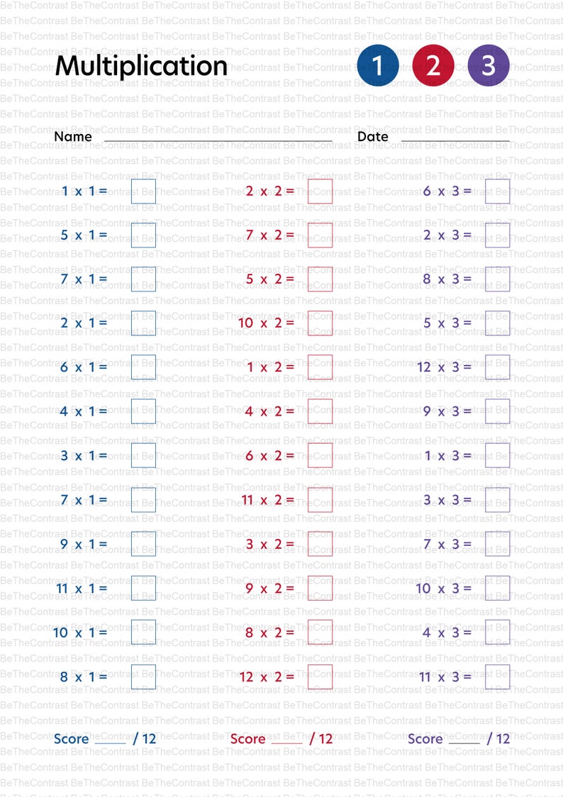 Children's Multiplications Worksheet 1-12, 4 Pages - Digital Download ...