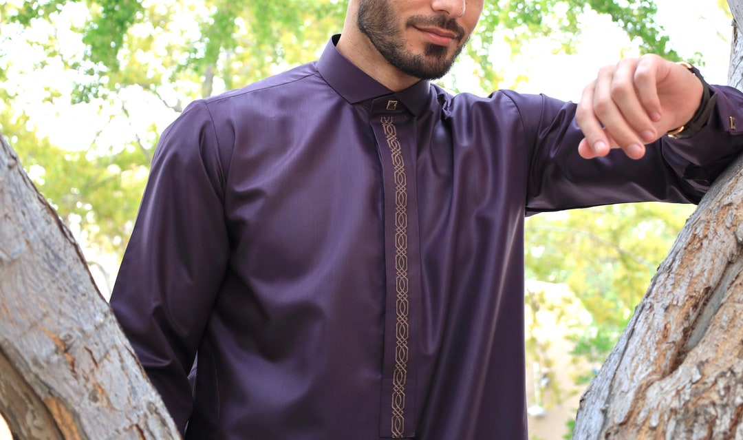Purple Collar Thobe With Embroidery Thobes for Men Wedding/eid Thobe - Etsy