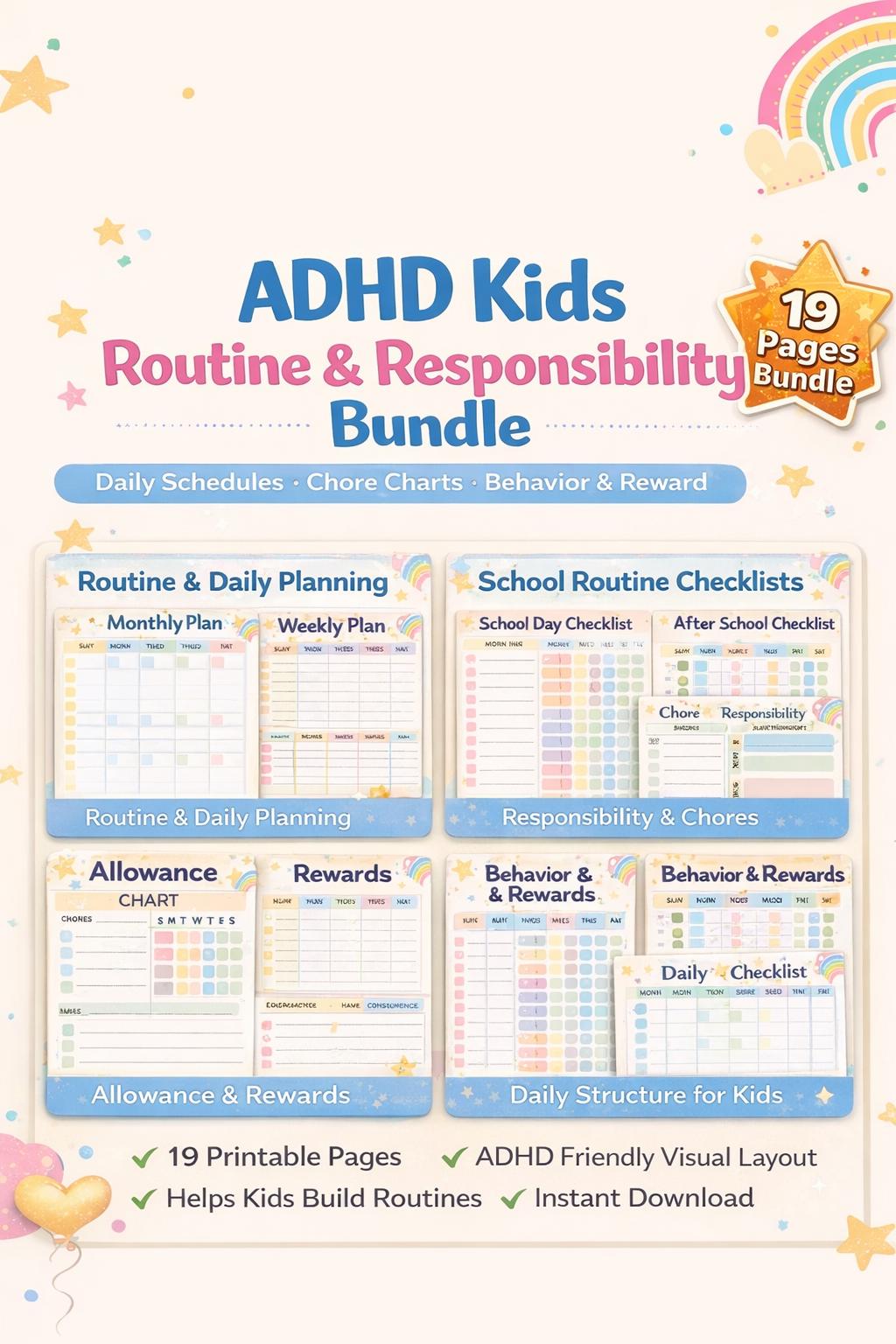 ADHD Kids Chore Chart Printable Bundle | Daily Routine & Responsibility ...