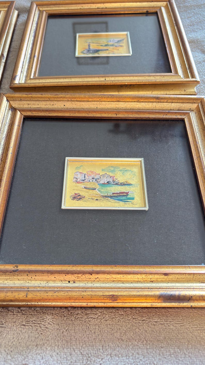 Vintage Moody Italian Scenes Landscape Pictures on Gold 22 Kt Leaf in ...