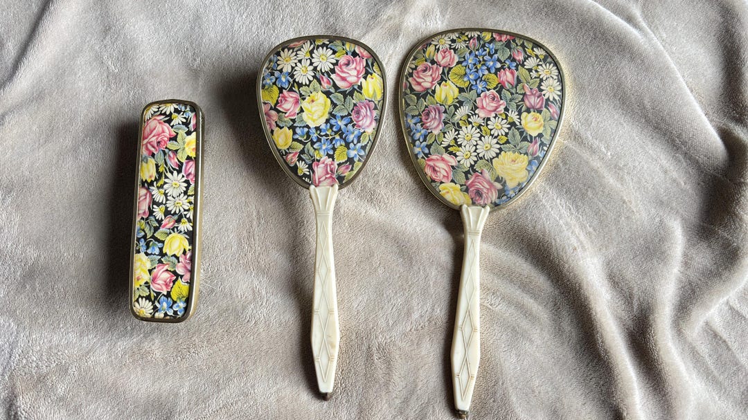 Vintage Set of Hand Vanity Mirror, Clothes, Shoes Brushes With Floral ...