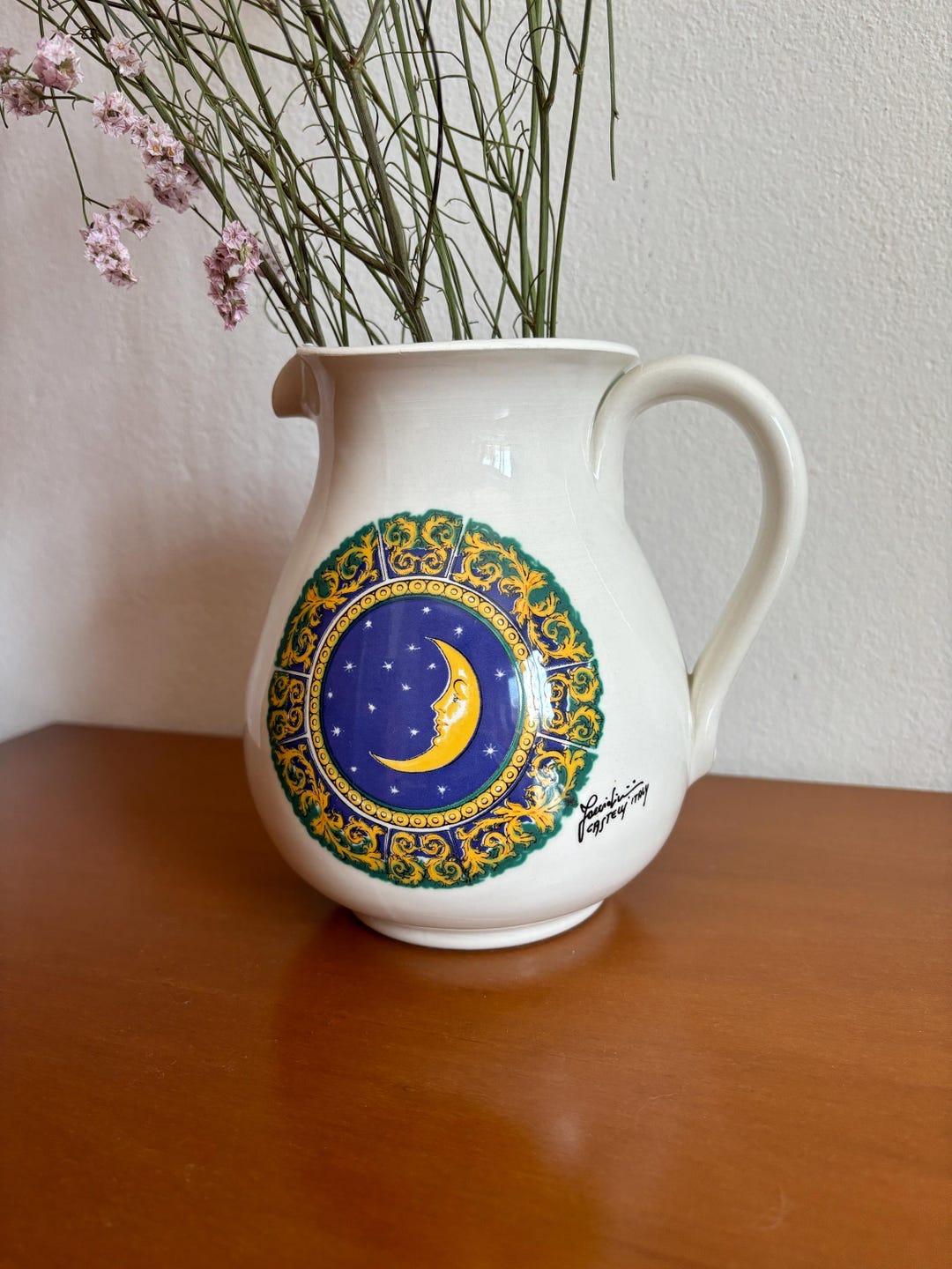 Vintage White Pitcher Facciolini Italy Moon Face Ceramic Decorative ...
