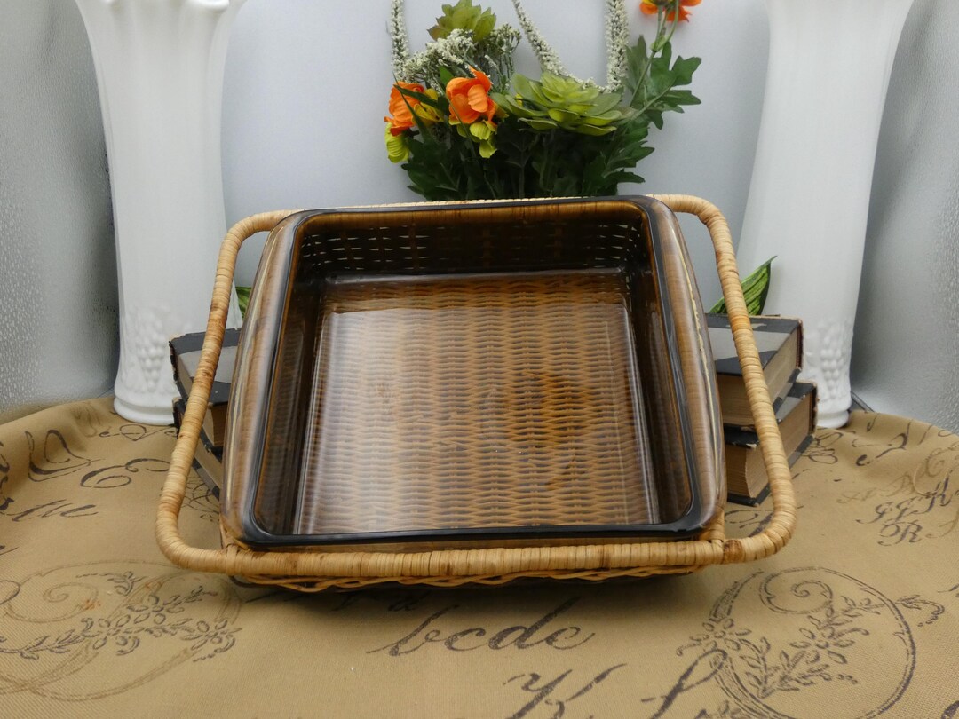 8" Square Fireside Pyrex Baker & Two-toned Wicker Handled Basket ...