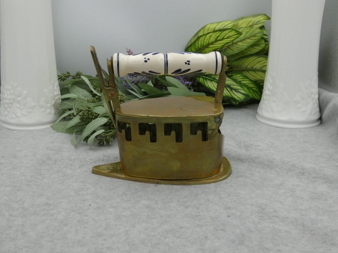 Vintage Brass Iron With Blue and White Handle - Etsy