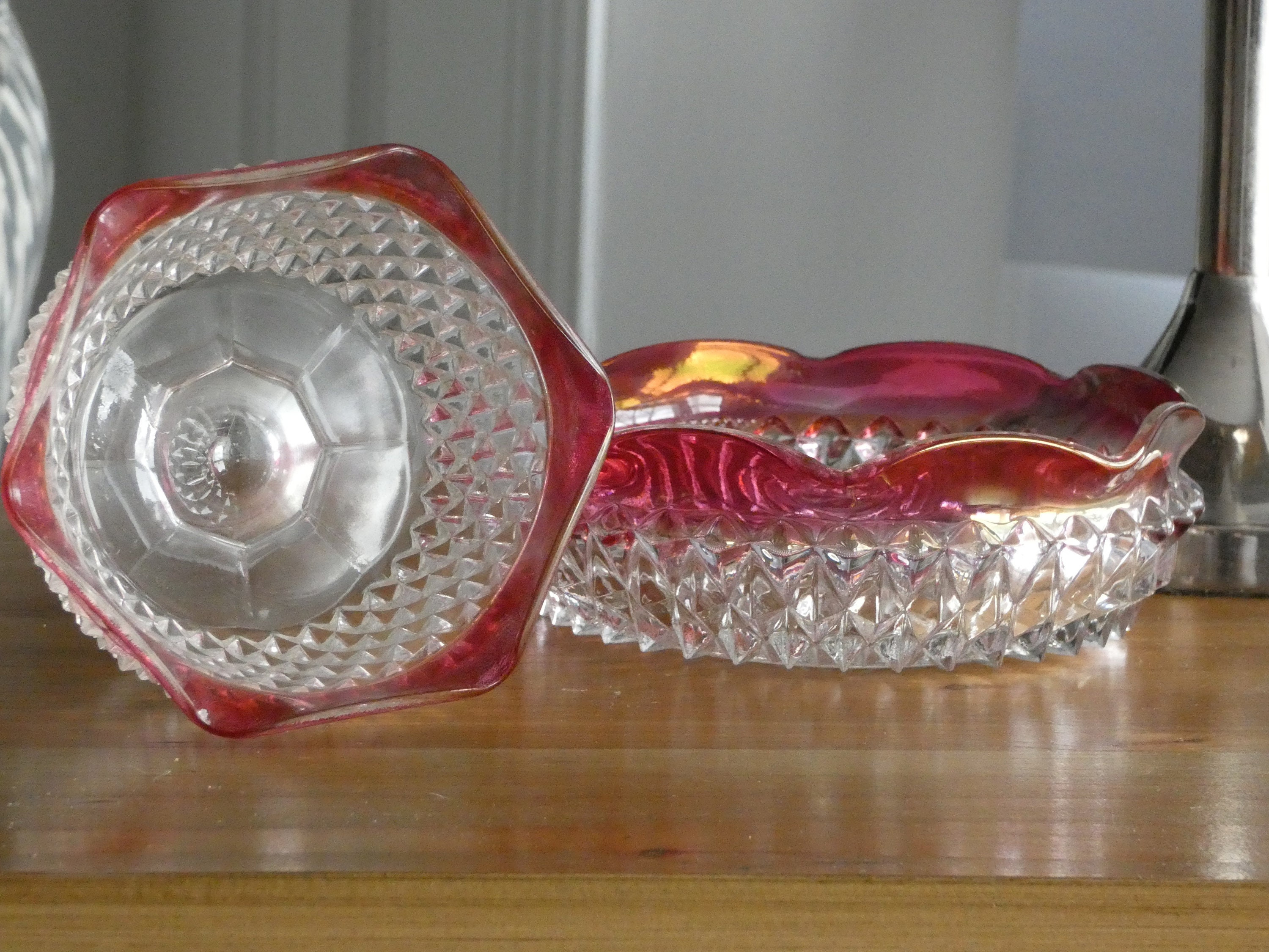 Ruby Flash Glass Bowls: King's Crown Diamond Point, Cranberry Red Trim ...