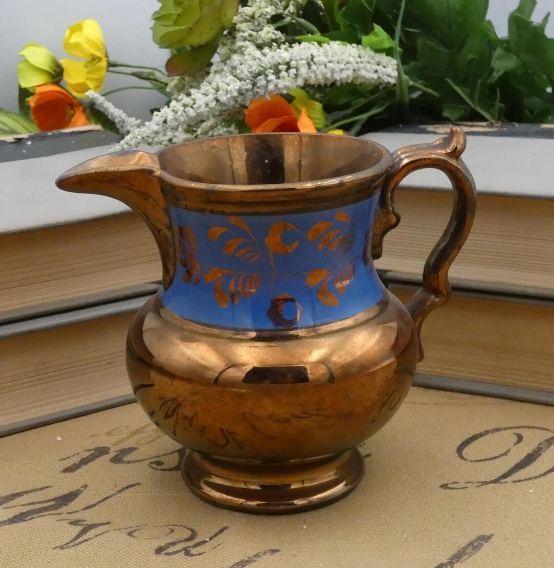 Vintage Copper Lusterware Pitcher With Blue Decor Trim - Etsy