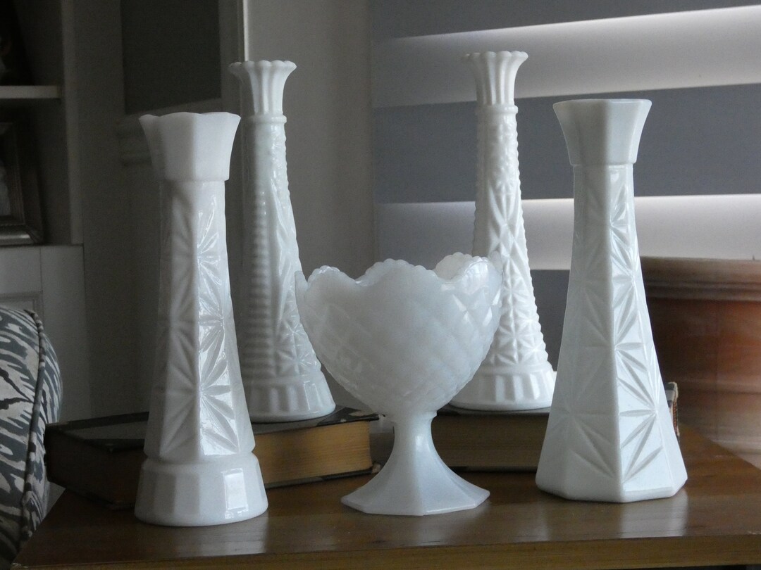 Vintage Milk Glass Vase & Compote Set: Farmhouse Wedding Decor - Etsy