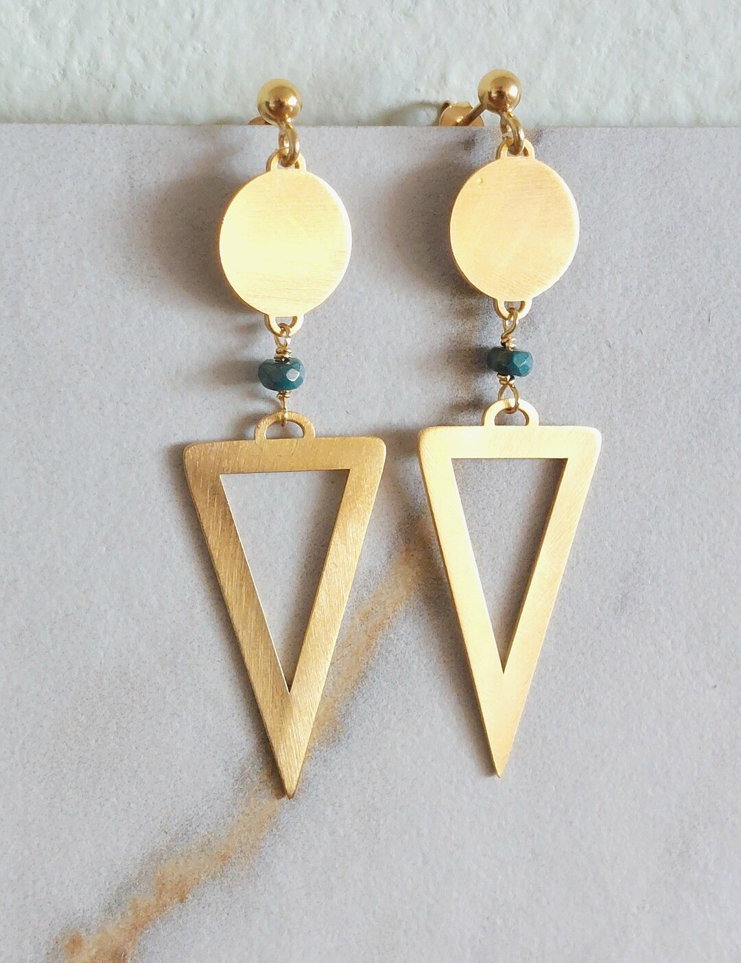 Gold Plated Triangle Dangle Earrings: Turquoise Accent, Handmade - Etsy