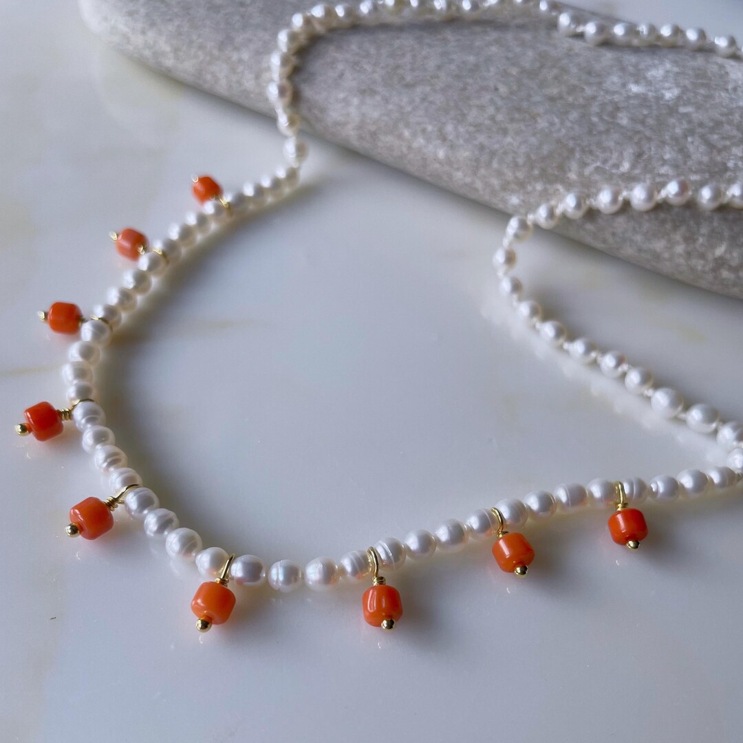 Handmade Pearl Choker: Genuine Coral Drops, Gold Accents - Etsy