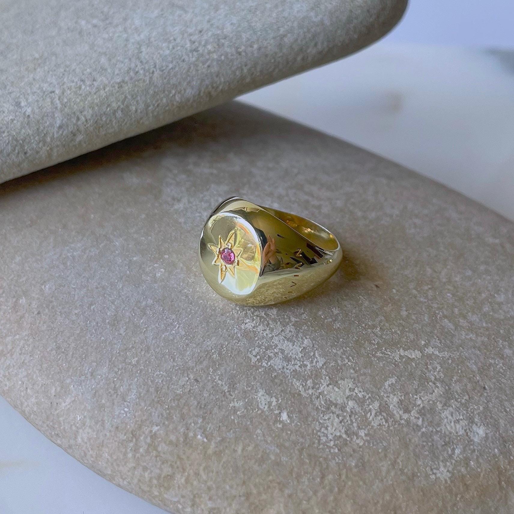 Gold Plated Pinky Signet Ring – Natural Rose Quartz in Star Design ...