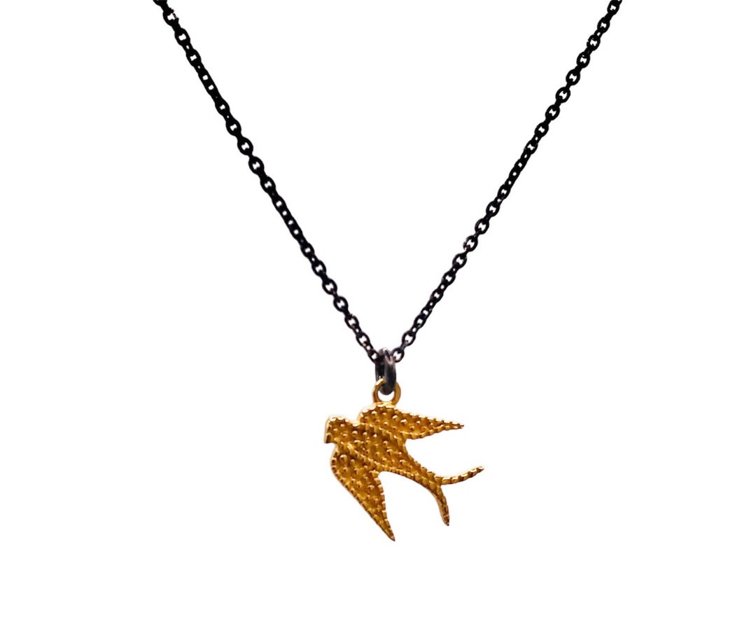Golden Swallow Pendant Made of 14k Yellow Gold and Black Plated Silver ...