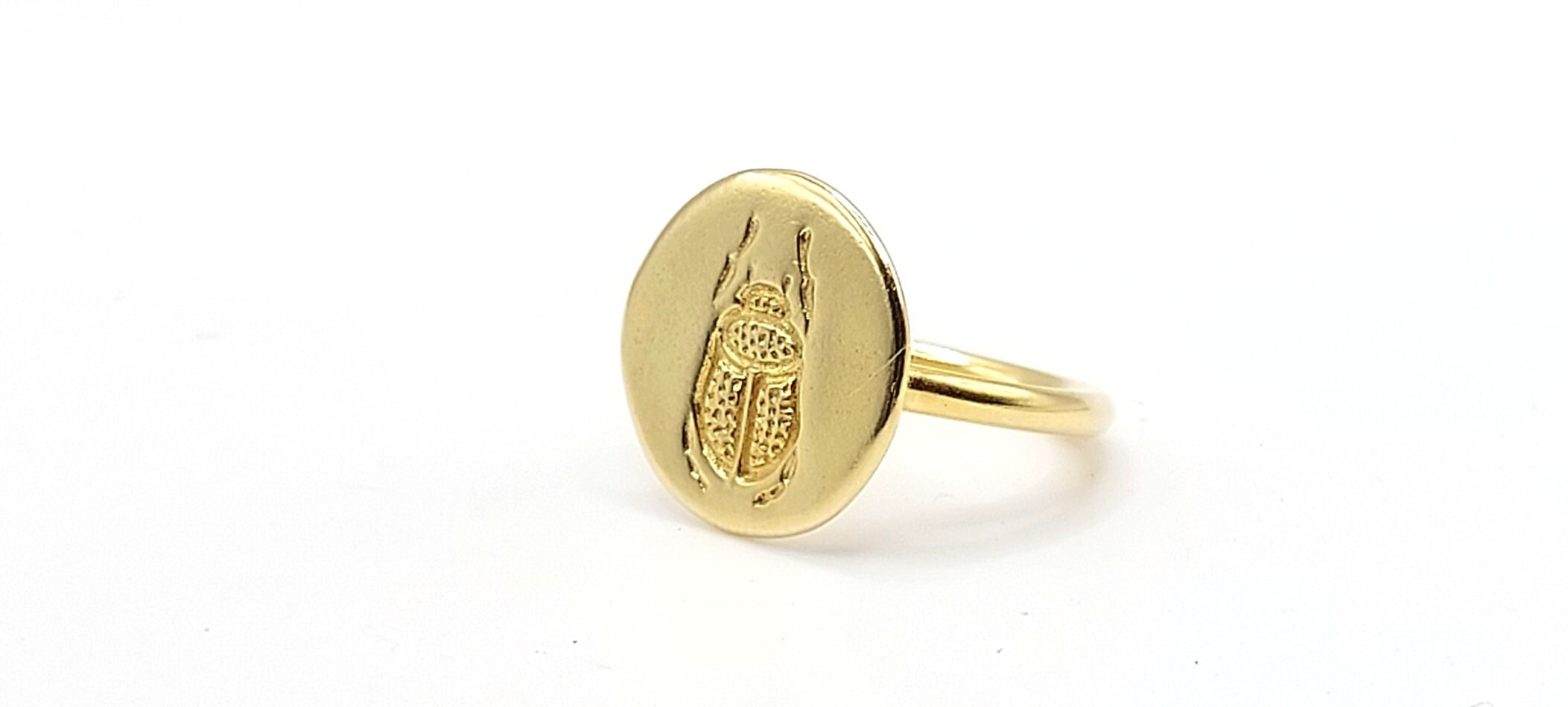 Round Scarab Signet Ring With an Engraved Beetle on the Surface. Yellow ...