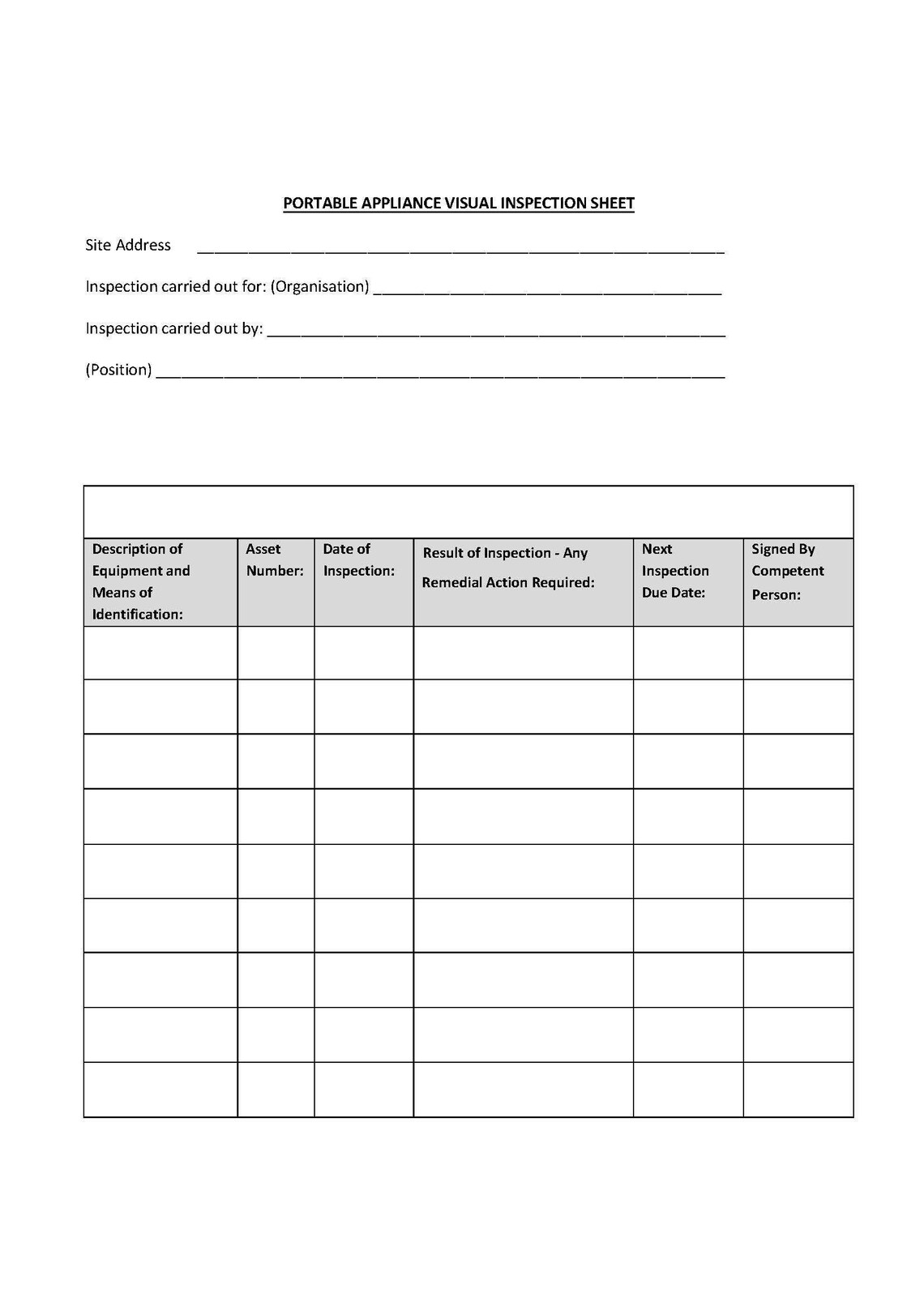 Portable Appliance Visual Inspection Sheet - Etsy