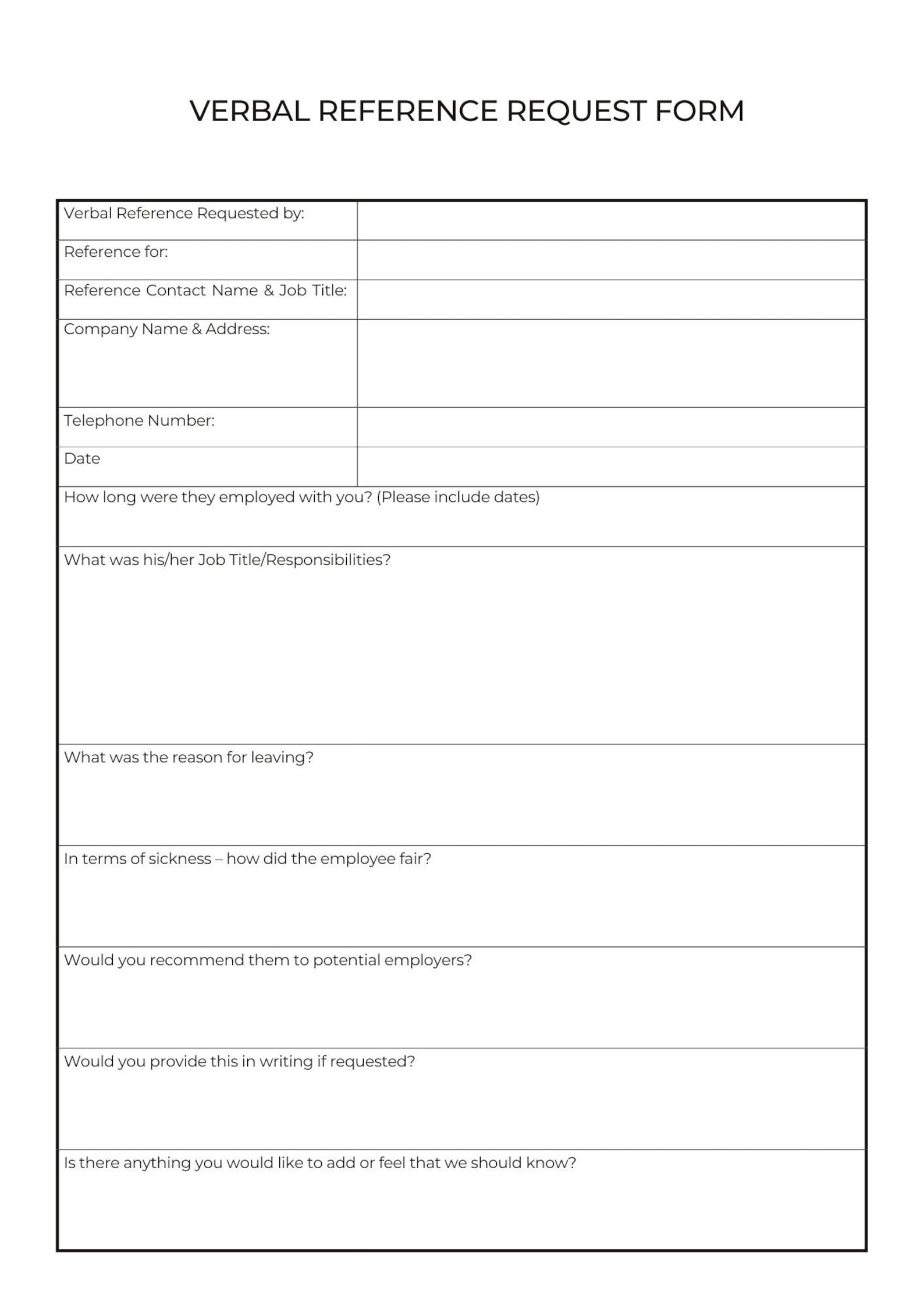 Employer Verbal Reference Request Checklist - Questions to Ask - Etsy