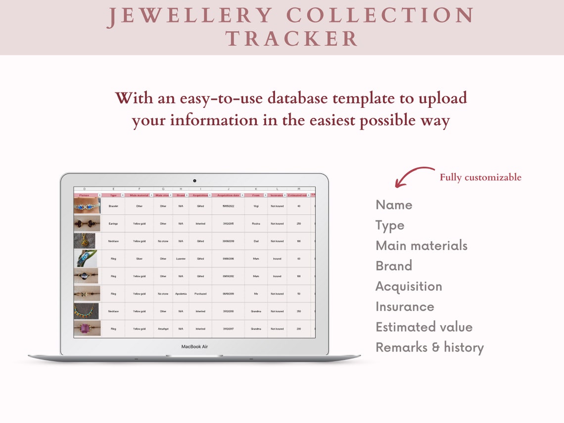 Jewelry Collection Tracker Jewelry Inventory Tracker Jewelry Log ...