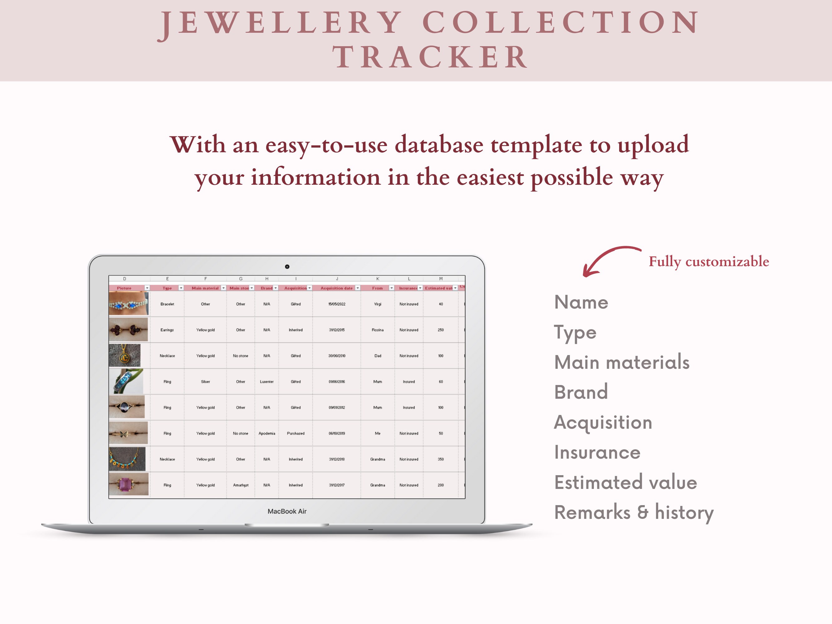 Jewelry Collection Tracker Jewelry Inventory Tracker Jewelry Log ...