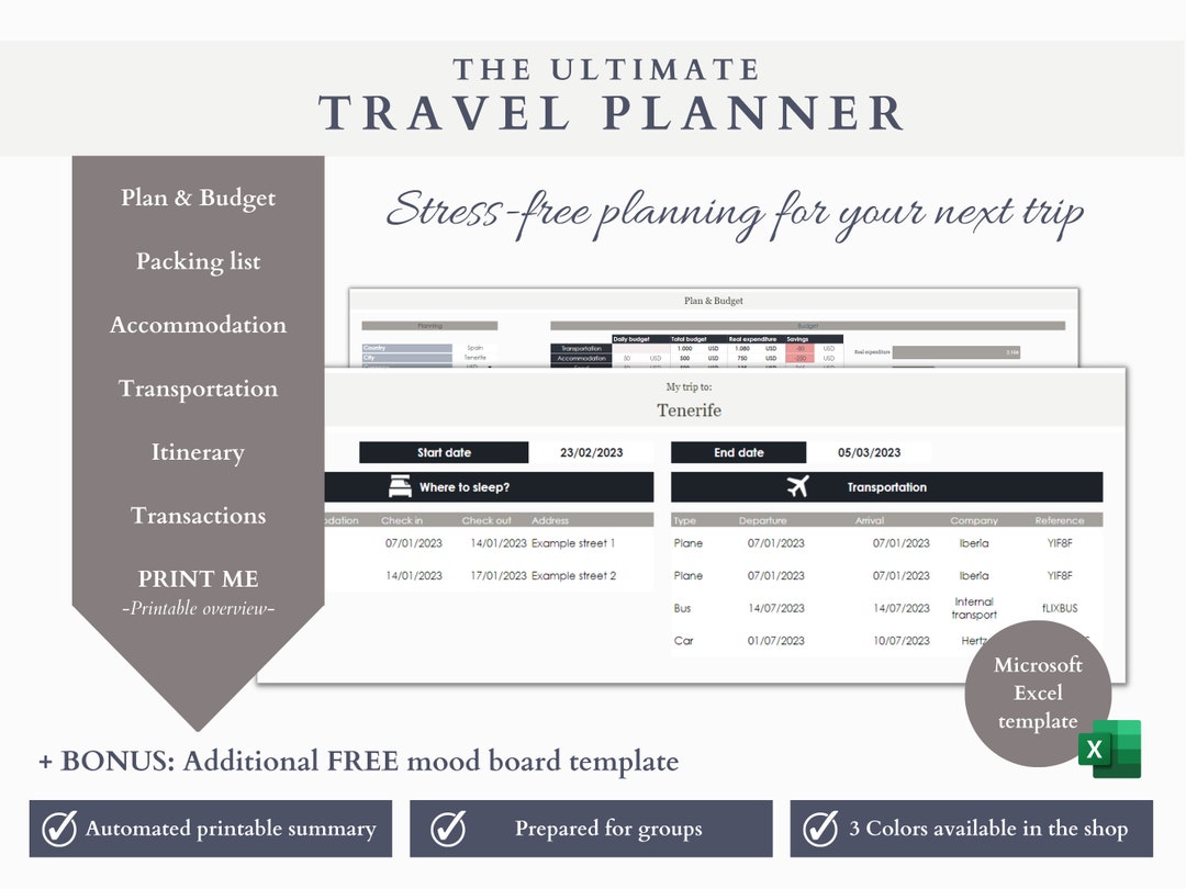 Digital Travel Planner for Excel | Editable Template | Excel ...