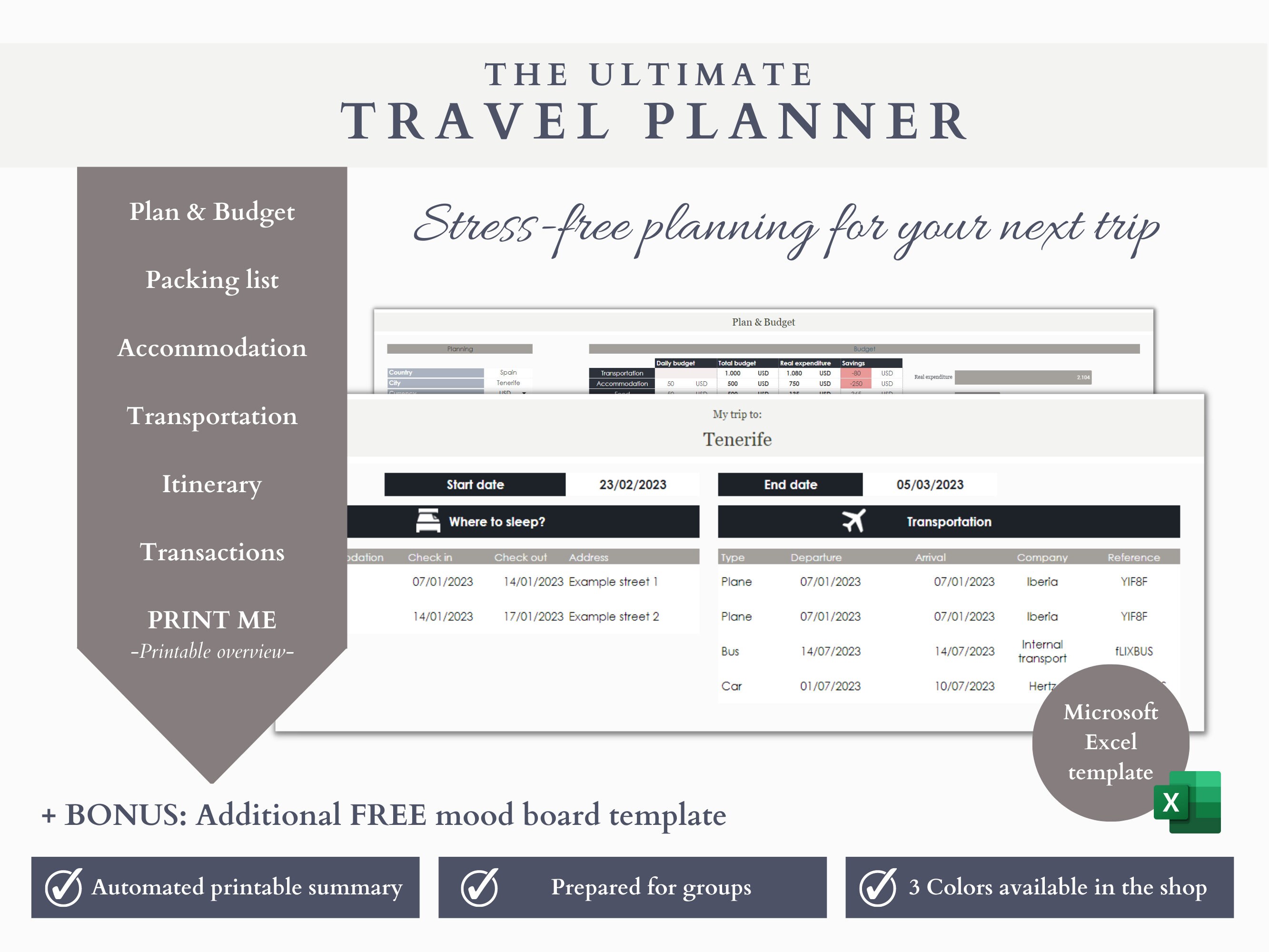 Digital Travel Planner for Excel | Editable Template | Excel ...