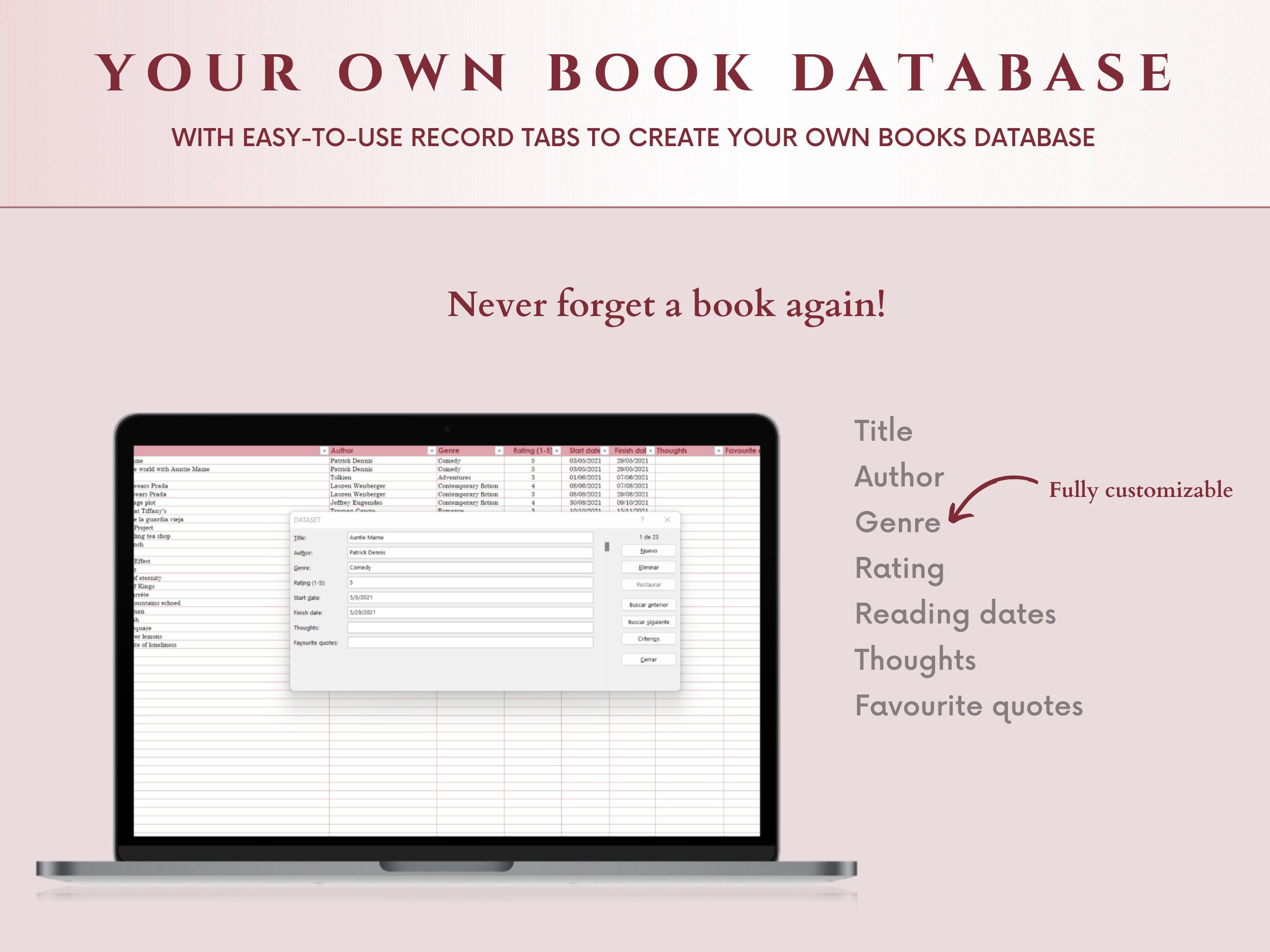 Book Reading Tracker Spreadsheet Digital Reading Journal Book Reviews ...