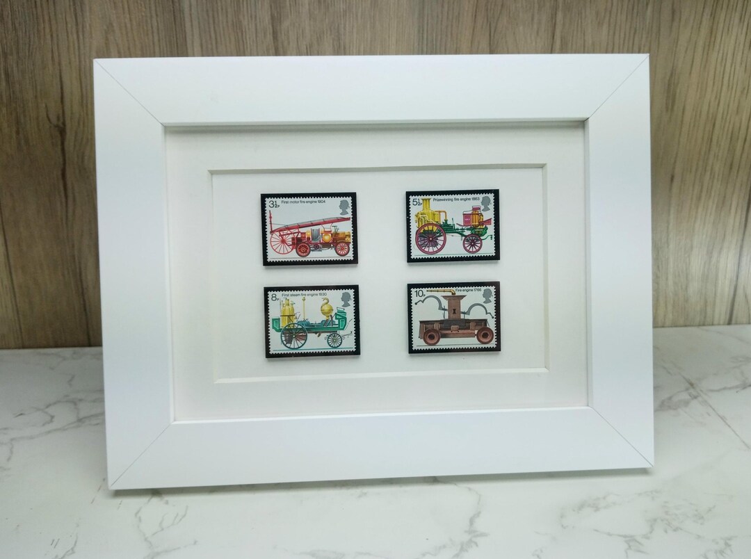 Framed 1975 Fire Engine Stamps Genuine Royal Mail Set of 4 Stamps Born ...