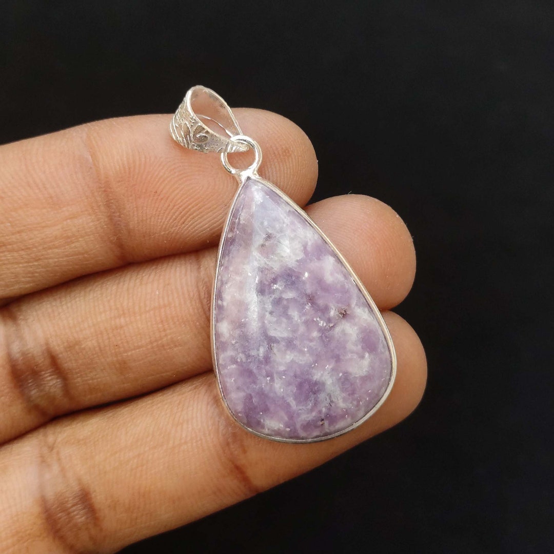 100% Natural Lepidolite Cabochon Pendant 925 Sterling Silver Plated ...