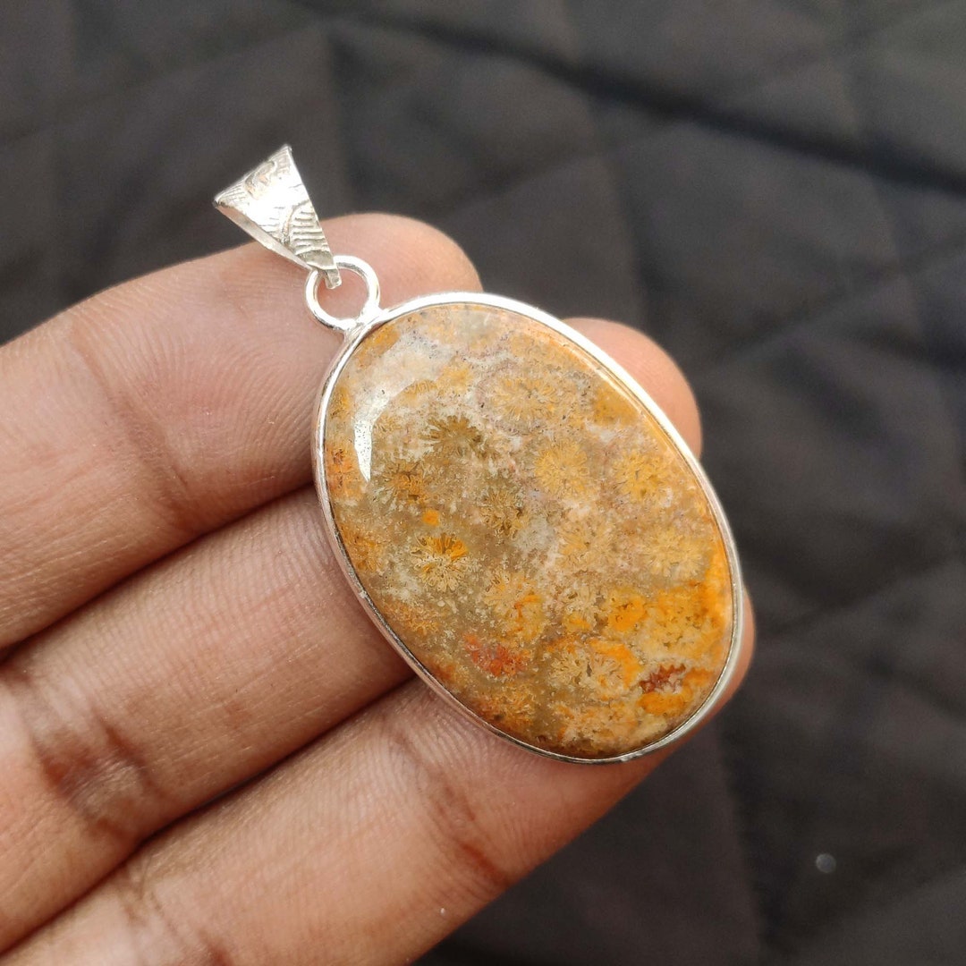 Natural Fossil Coral Gemstone Pendan, Vintage Style Handmade Silver ...