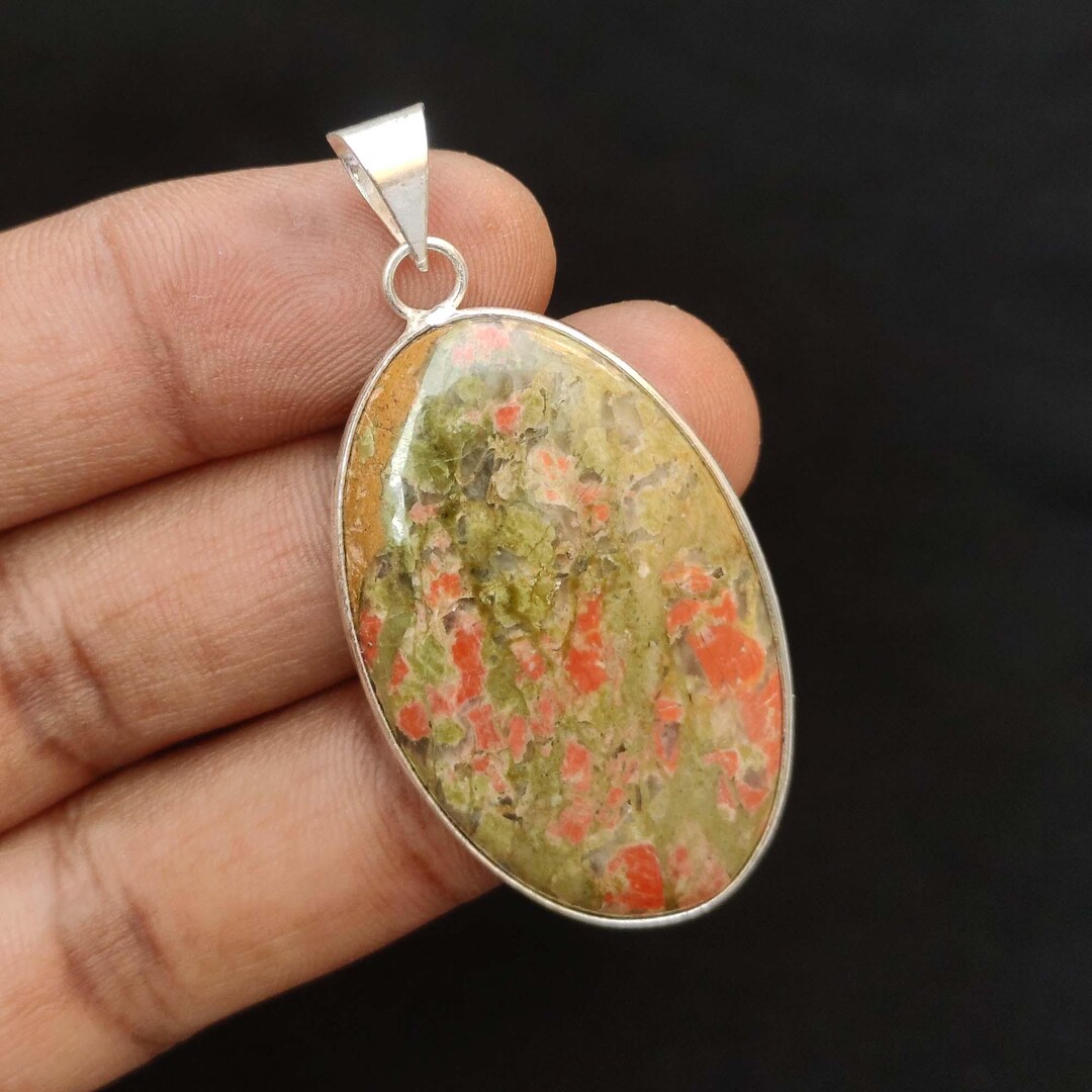 Genuine Unakite Jasper Gemstone Necklace, Silver Plated Pendant ...