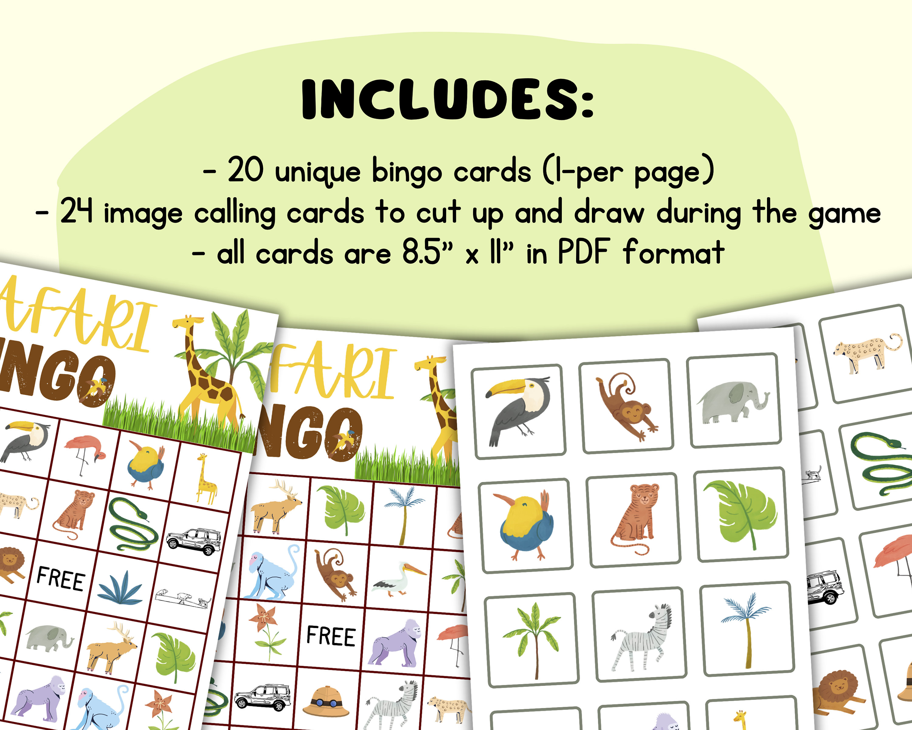 Safari Baby Shower Bingo, Printable Kids Birthday Party Game, 20 Animal ...