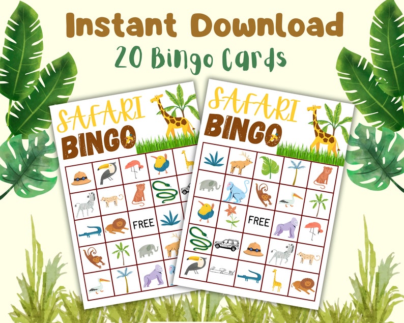 Safari Baby Shower Bingo, Printable Kids Birthday Party Game, 20 Animal ...