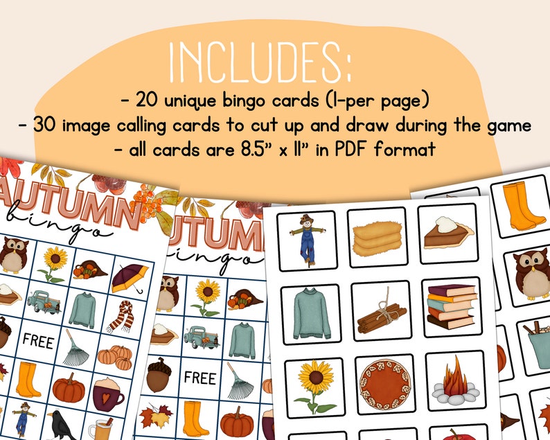 Autumn Fall Bingo Cards, Kids Adults Thanksgiving Game, Digital ...