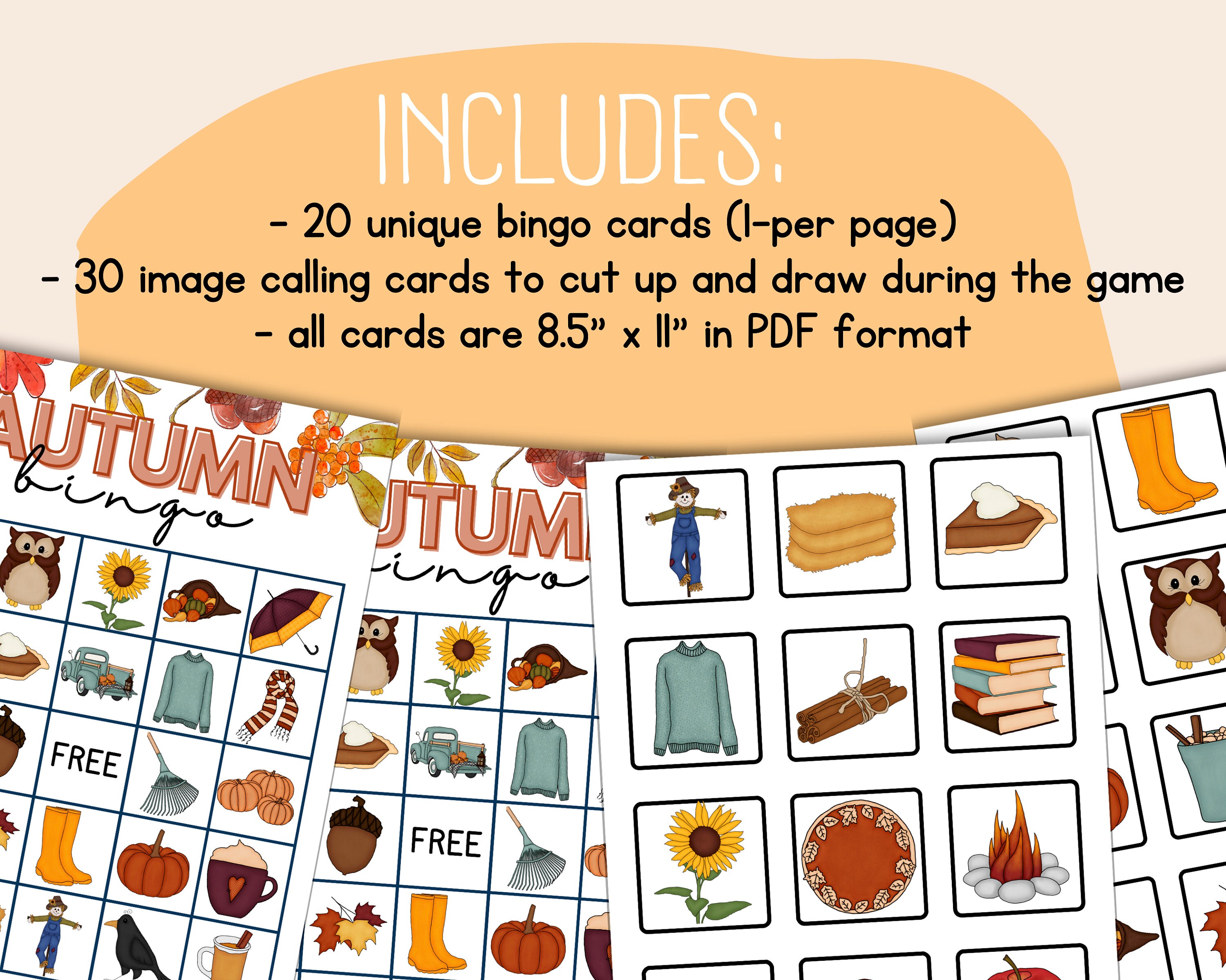 Autumn Fall Bingo Cards, Kids Adults Thanksgiving Game, Digital ...